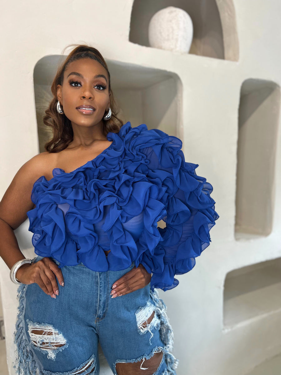 Full Bloom | Blue Mesh Ruffle Top – Curverra